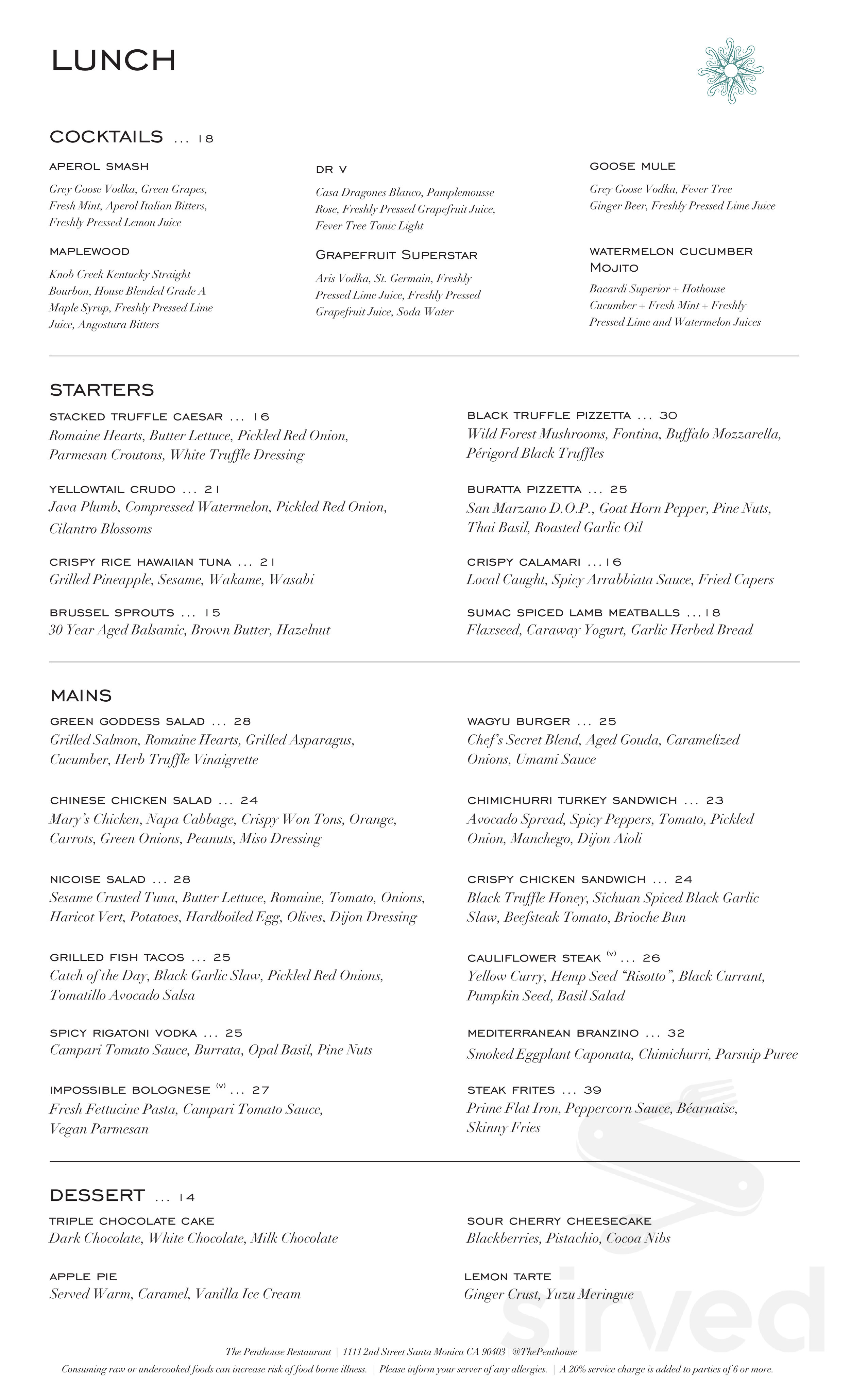 The Huntley Hotel Santa Monica Beach menu in Santa Monica, California, USA