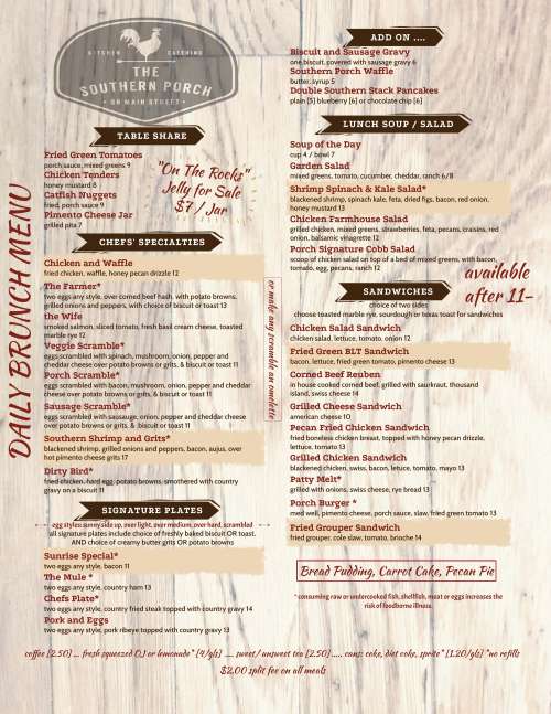 The Southern Porch menu in Alpharetta, Georgia, USA