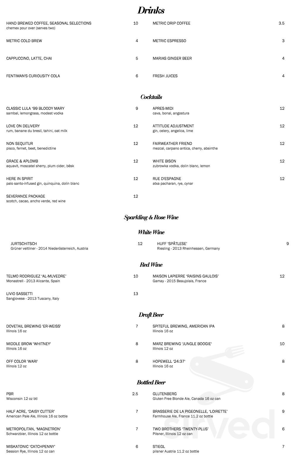 Lula Cafe menu in Chicago, Illinois, USA