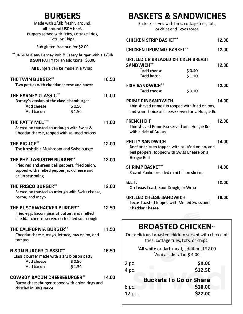 Barney Pub & Eatery menu in Barney, North Dakota, USA