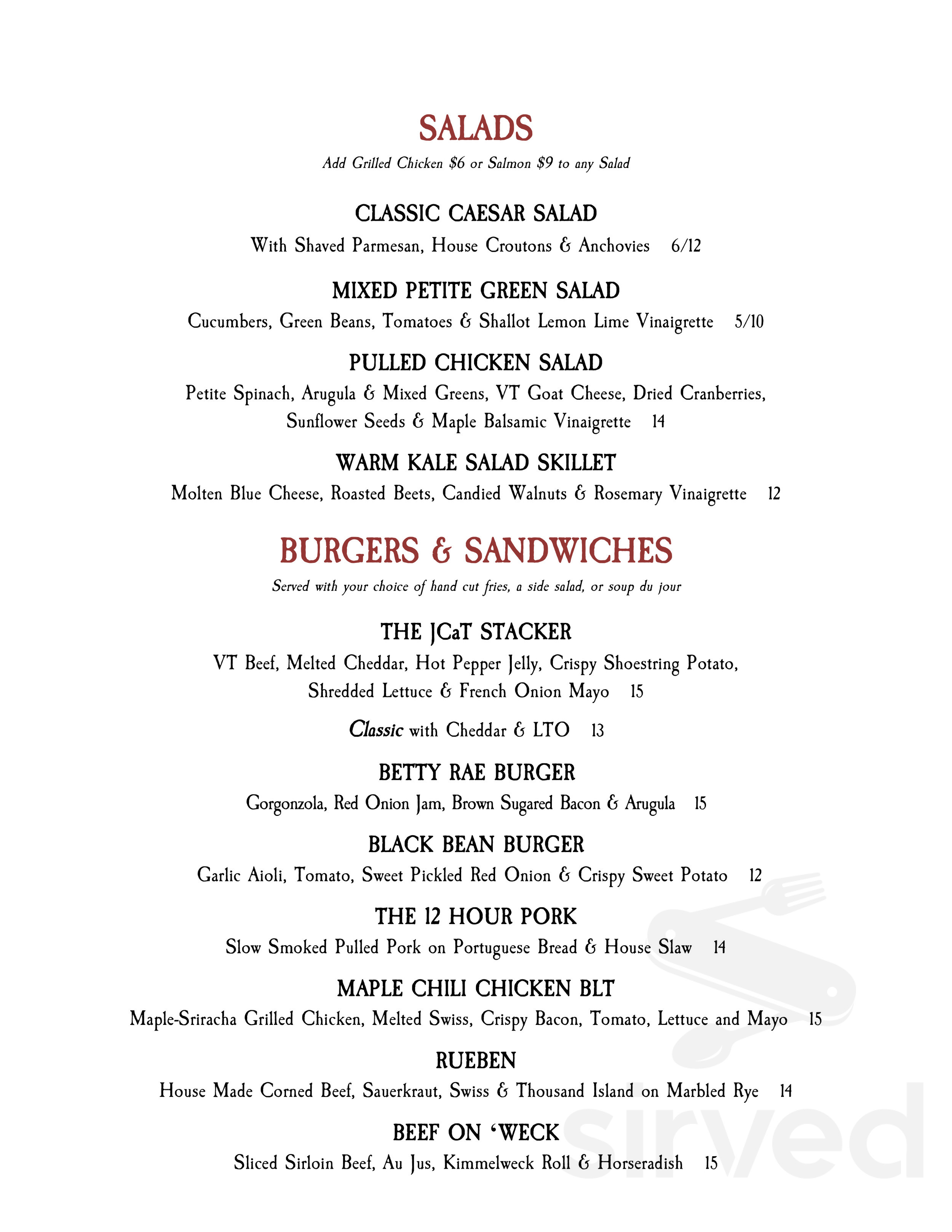 The Jericho Café & Tavern menu in Jericho, Vermont, USA