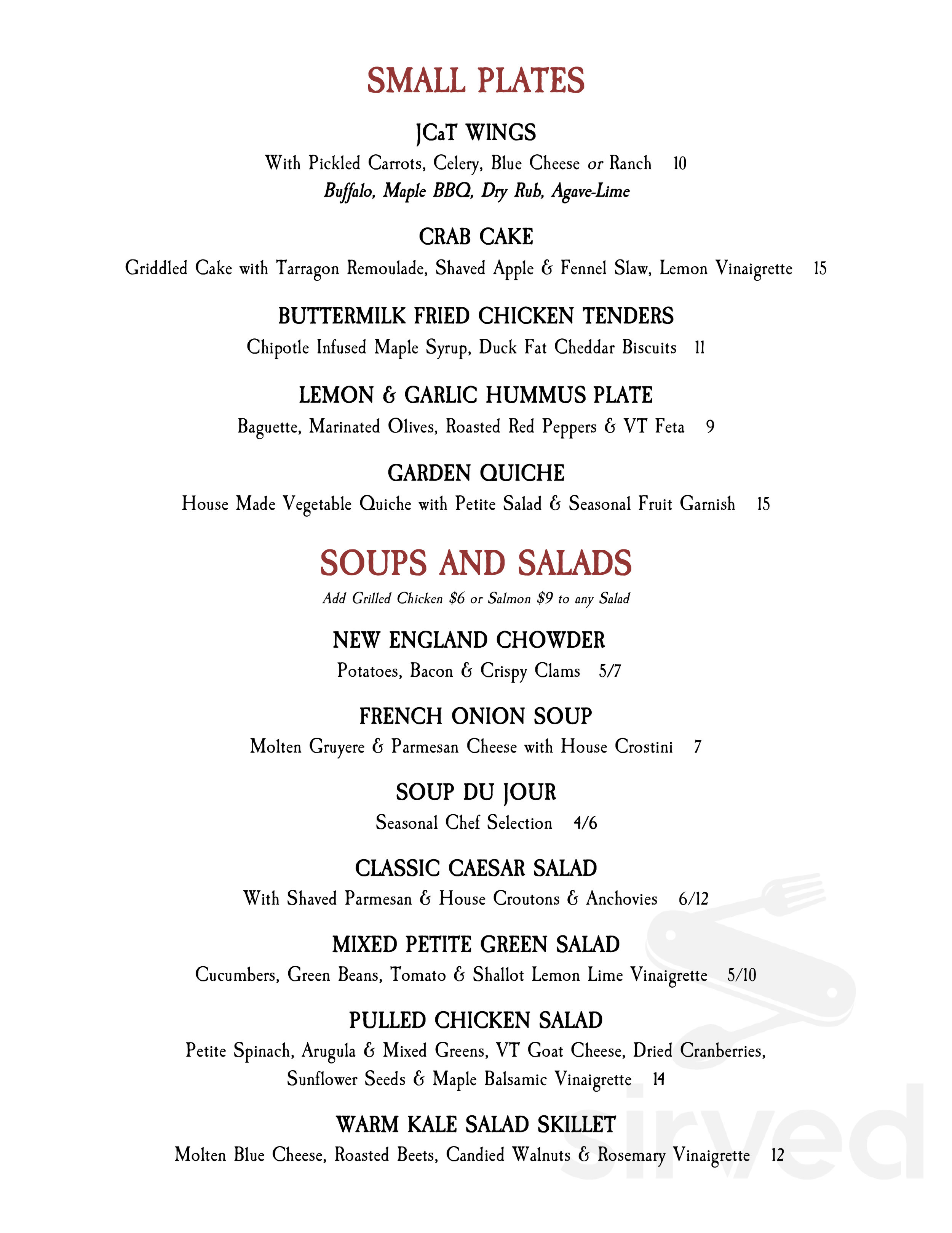 The Jericho Café & Tavern menu in Jericho, Vermont, USA
