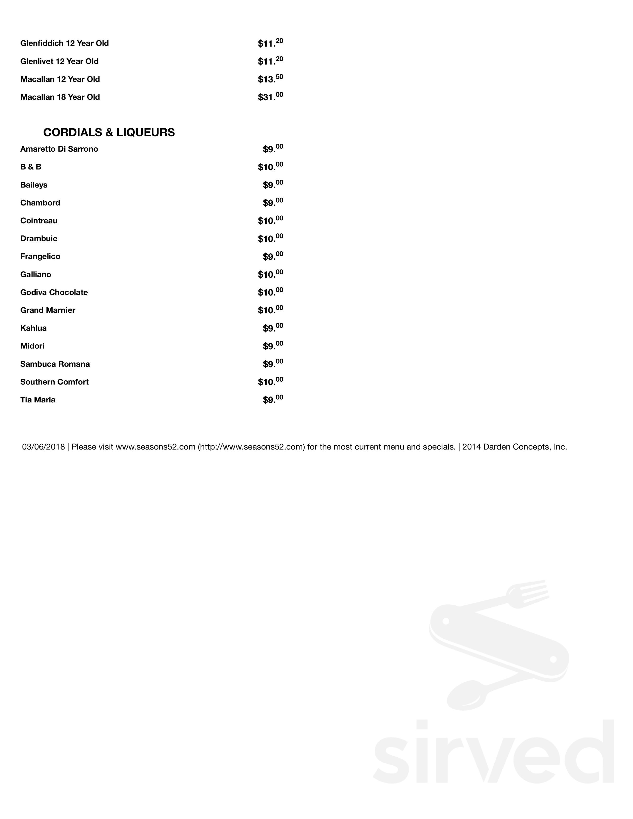 Seasons 52 menu in Burlington, Massachusetts, USA