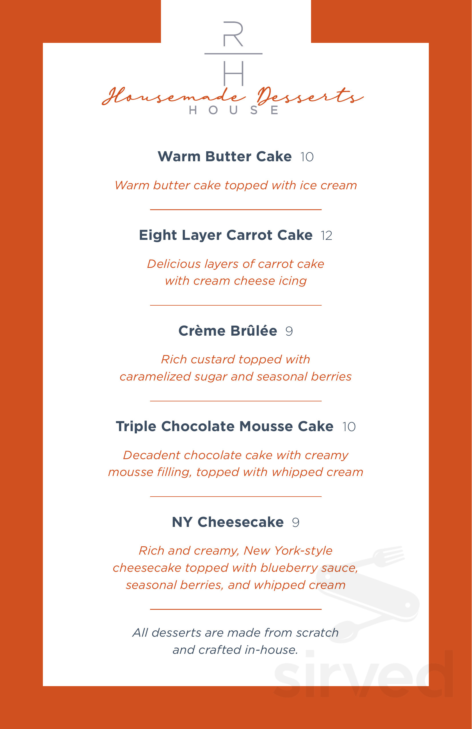 RH House menu in Rochester Hills, Michigan, USA