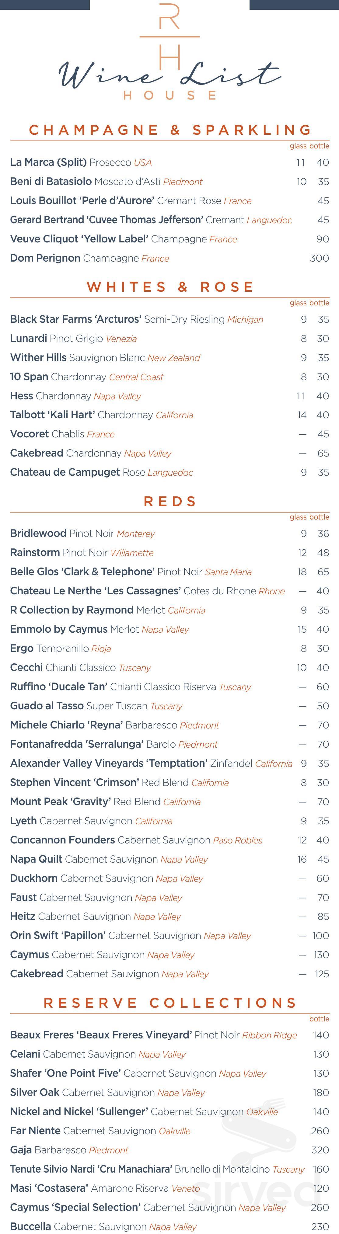 RH House menu in Rochester Hills, Michigan, USA