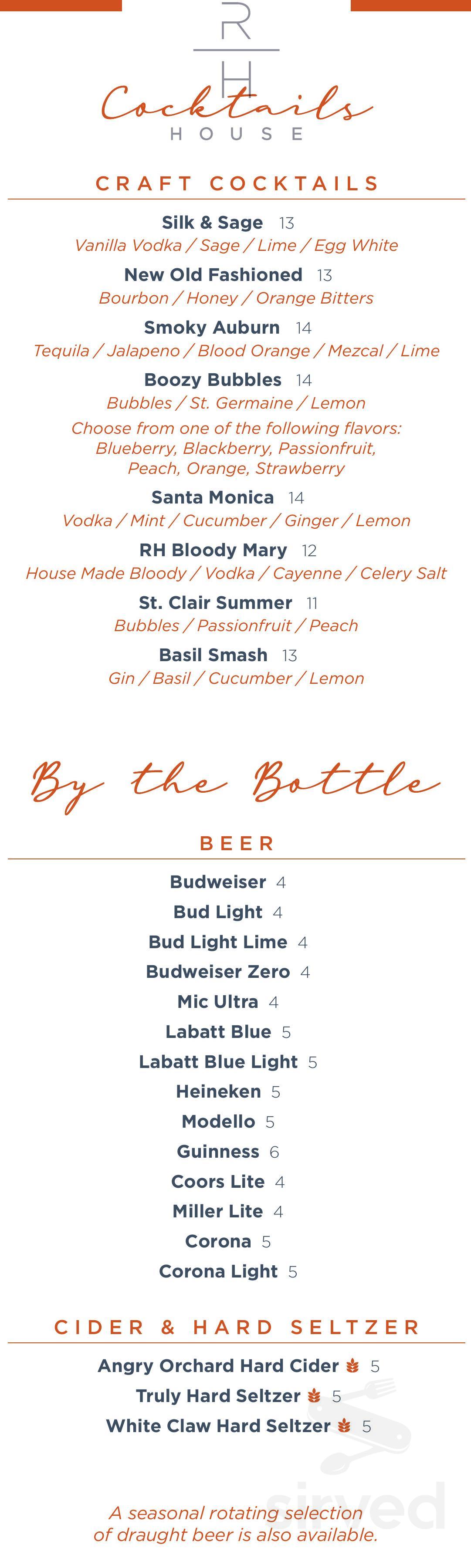 RH House menu in Rochester Hills, Michigan, USA