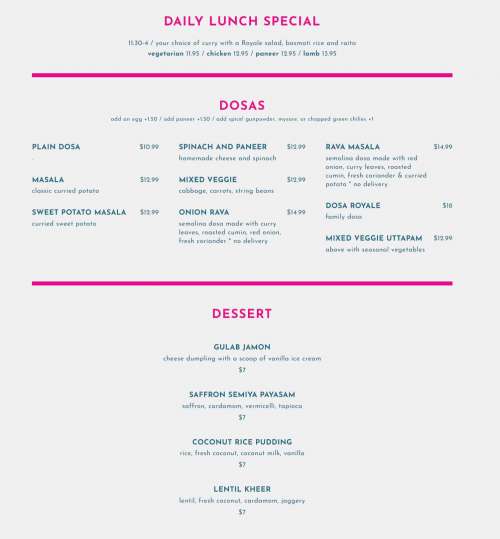 Dosa Royale menu in Brooklyn, New York, USA