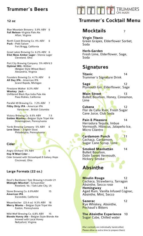 Trummer's Restaurant menu in Clifton, Virginia, USA
