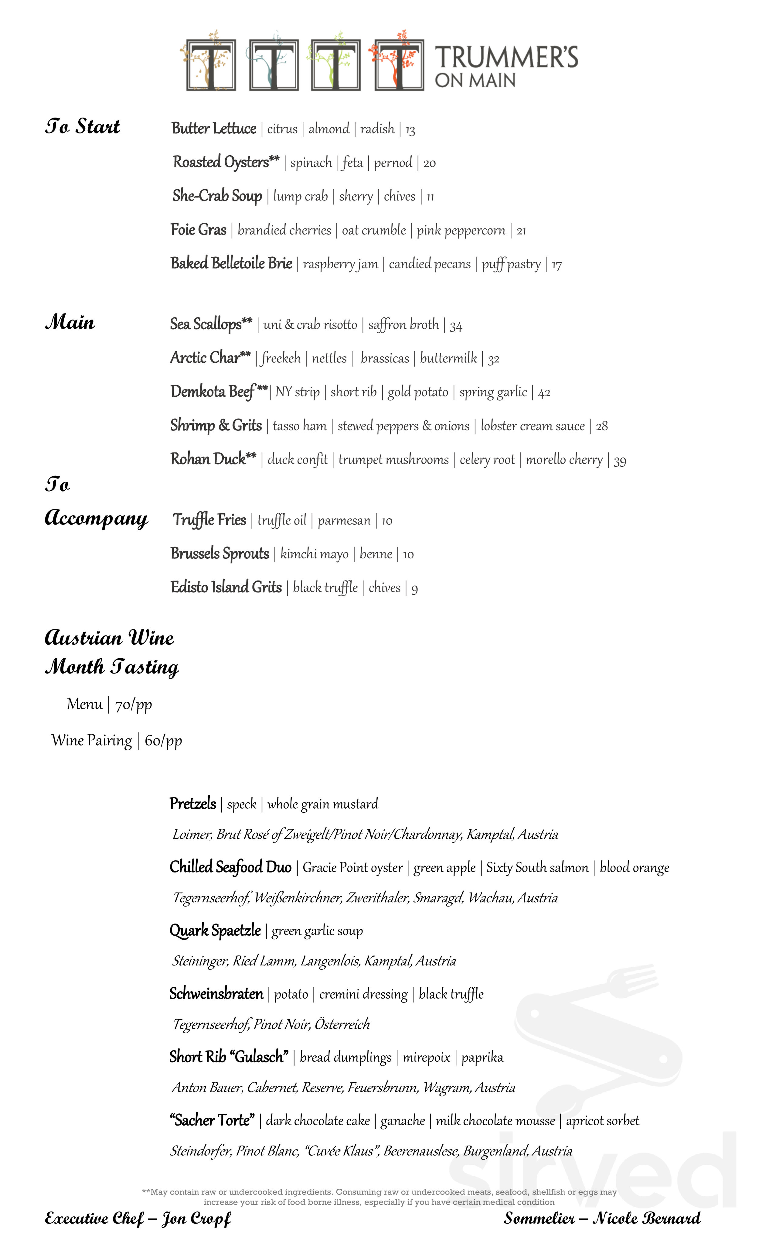 Trummer's Restaurant menu in Clifton, Virginia, USA