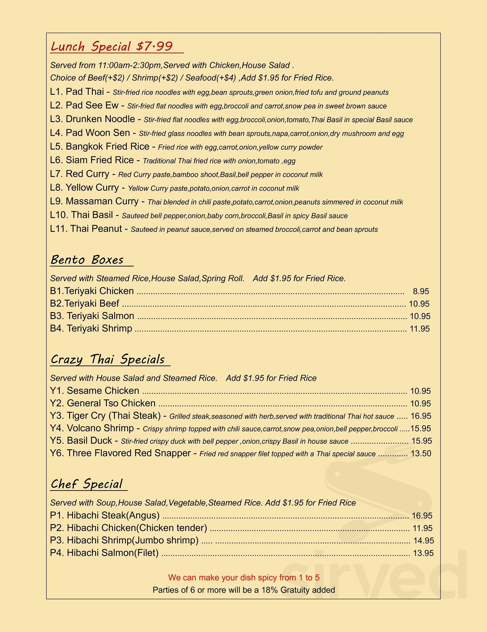 Pattaya Thai Kitchen menu in Stephenville, Texas, USA