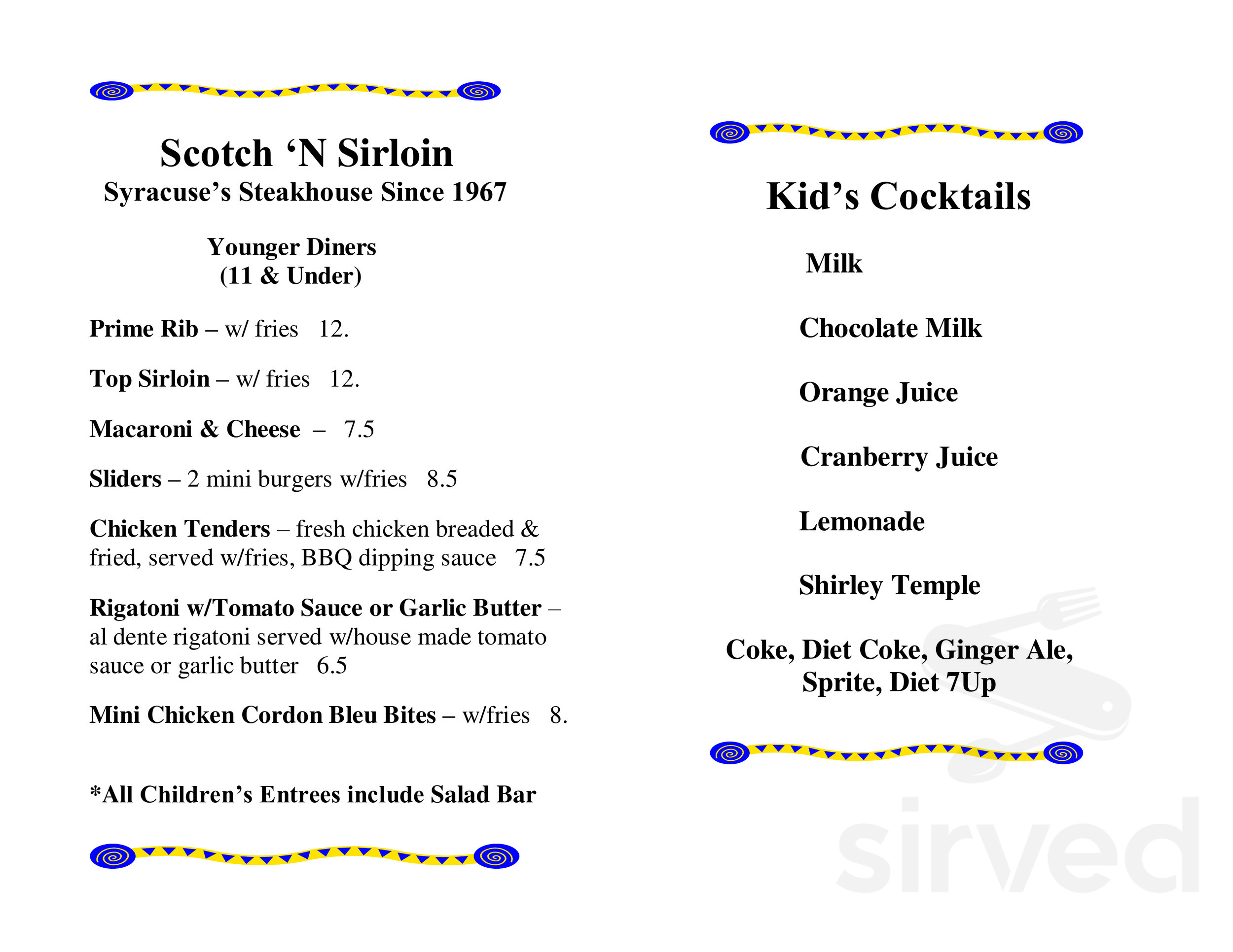 Scotch' N Sirloin menu in Syracuse, New York, USA