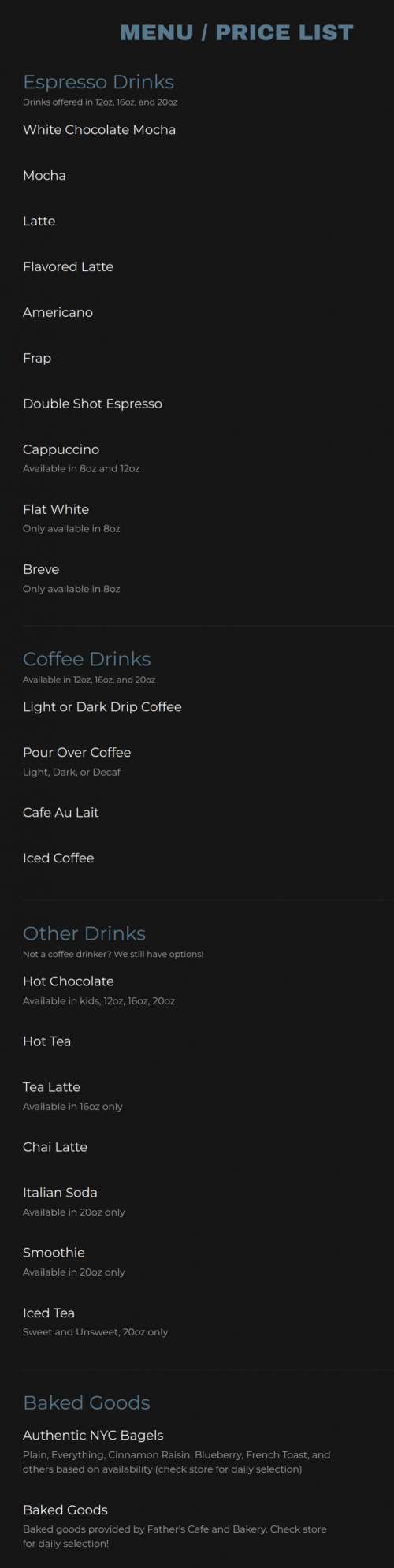 Mission House Coffee menu in Lynchburg, Virginia, USA