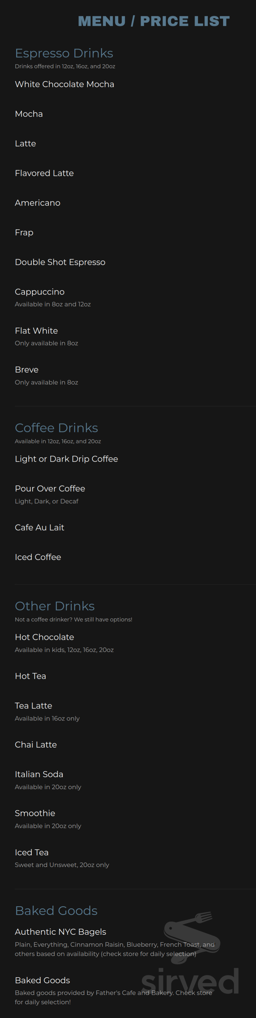 Mission House Coffee menu in Lynchburg, Virginia, USA