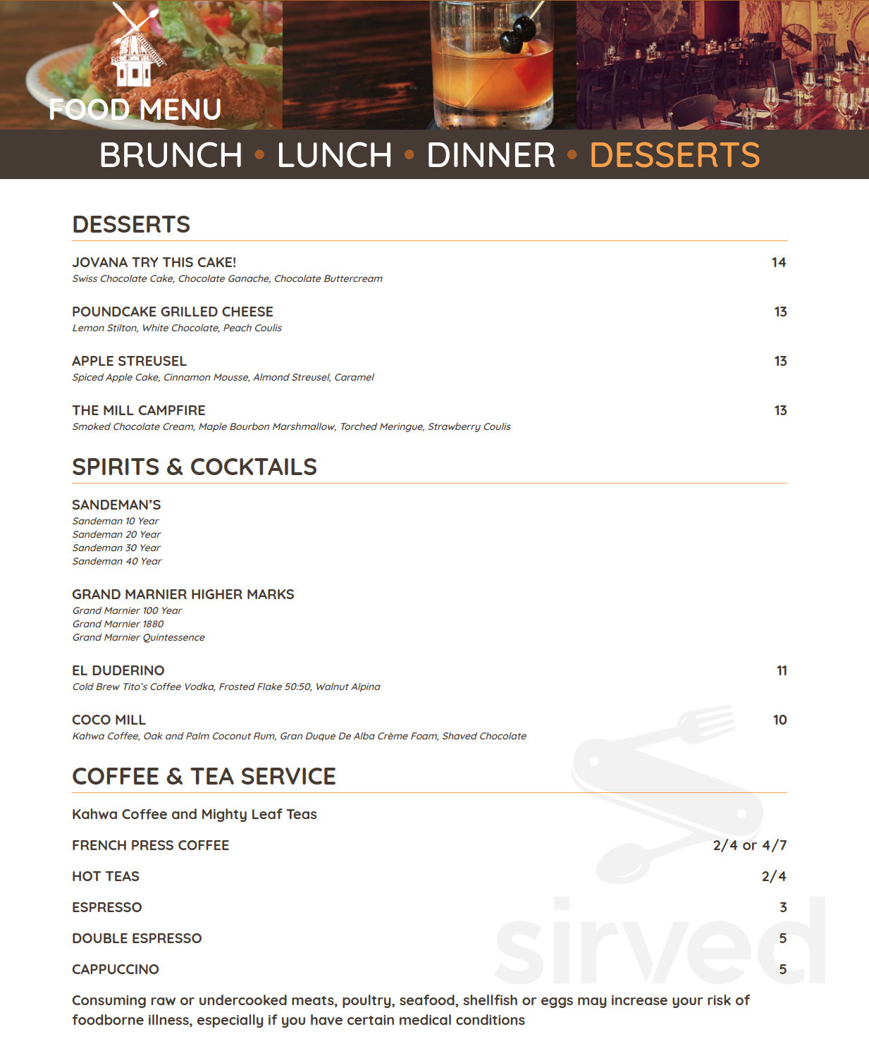 The Mill Restaurant menu in St. Petersburg, Florida, USA