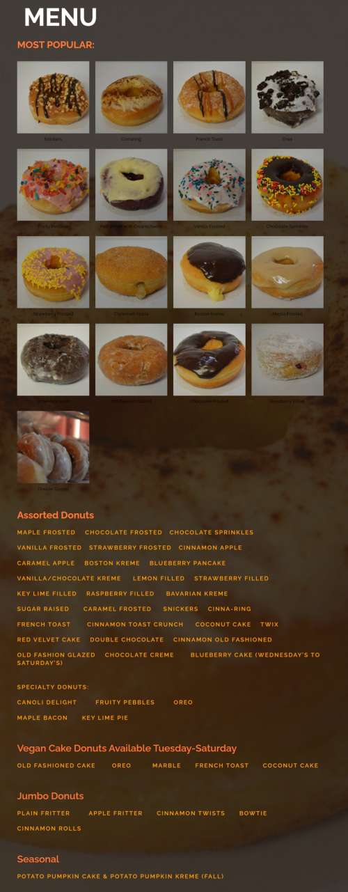 Donut Kingdom menu in Tallahassee, Florida, USA