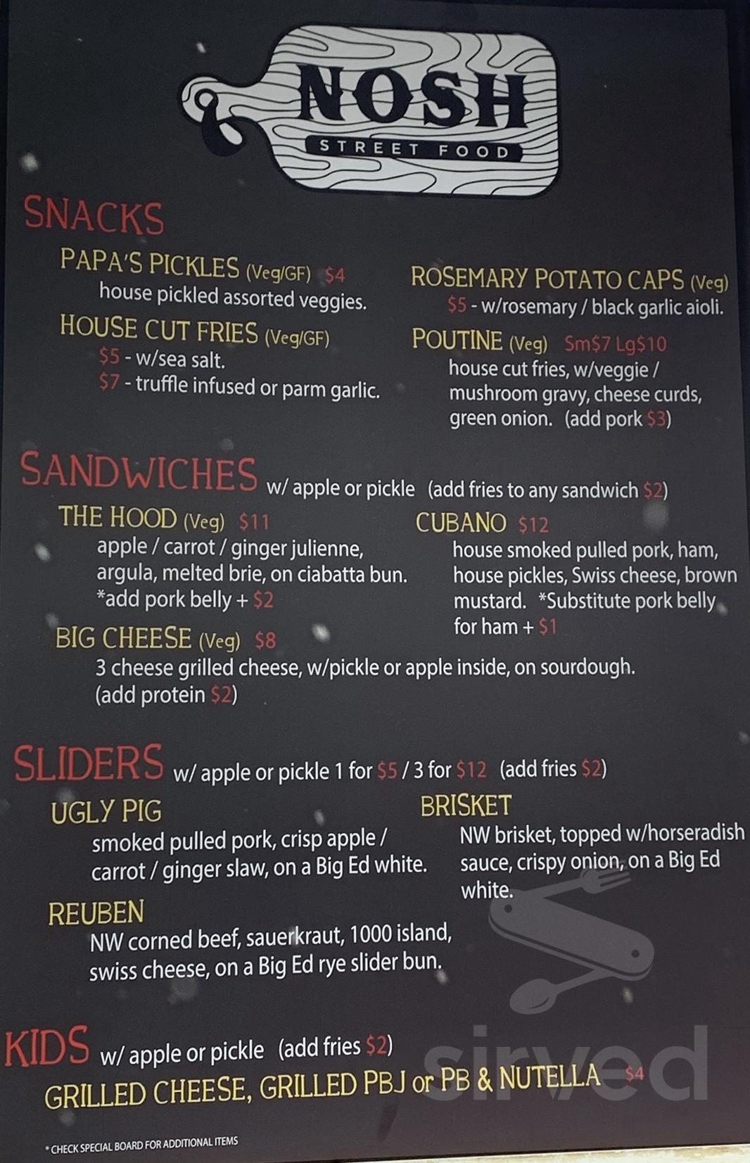 Nosh Street Food menu in Bend, Oregon, USA