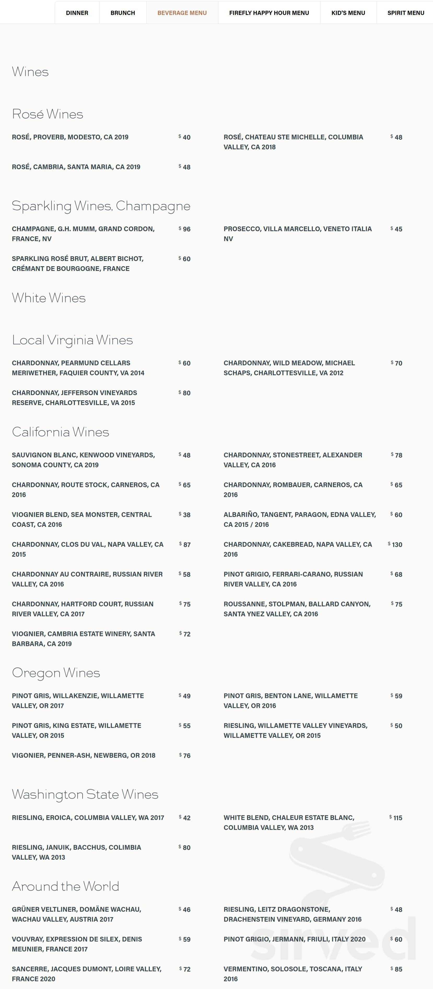 Firefly menus in 1310 New Hampshire Ave NW, Washington, United States