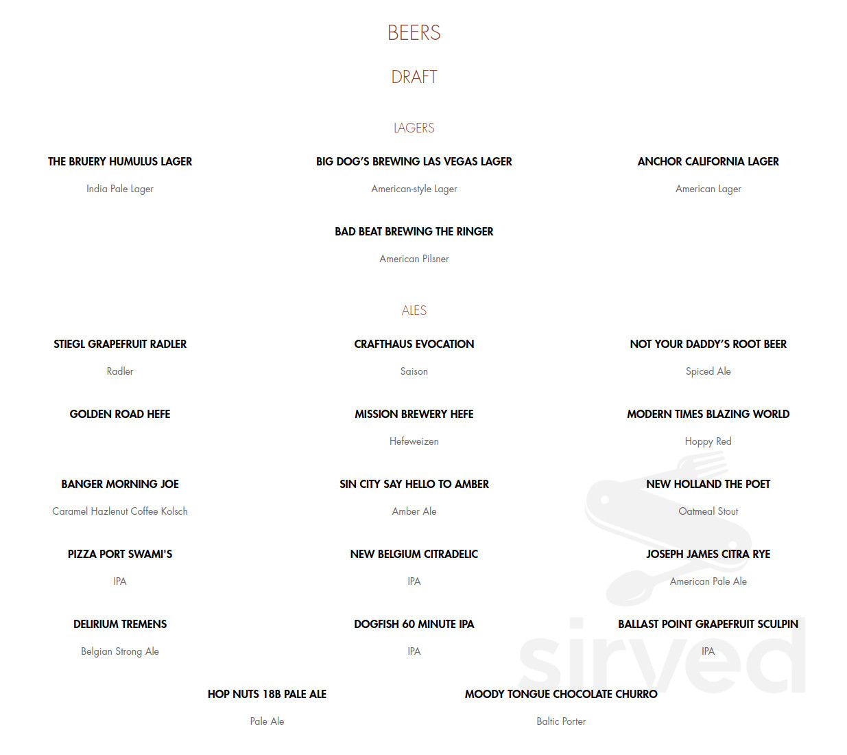 Beerhaus menu in Las Vegas, Nevada, USA