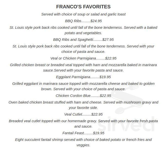 Franco's menu in Edmonton, Alberta, Canada