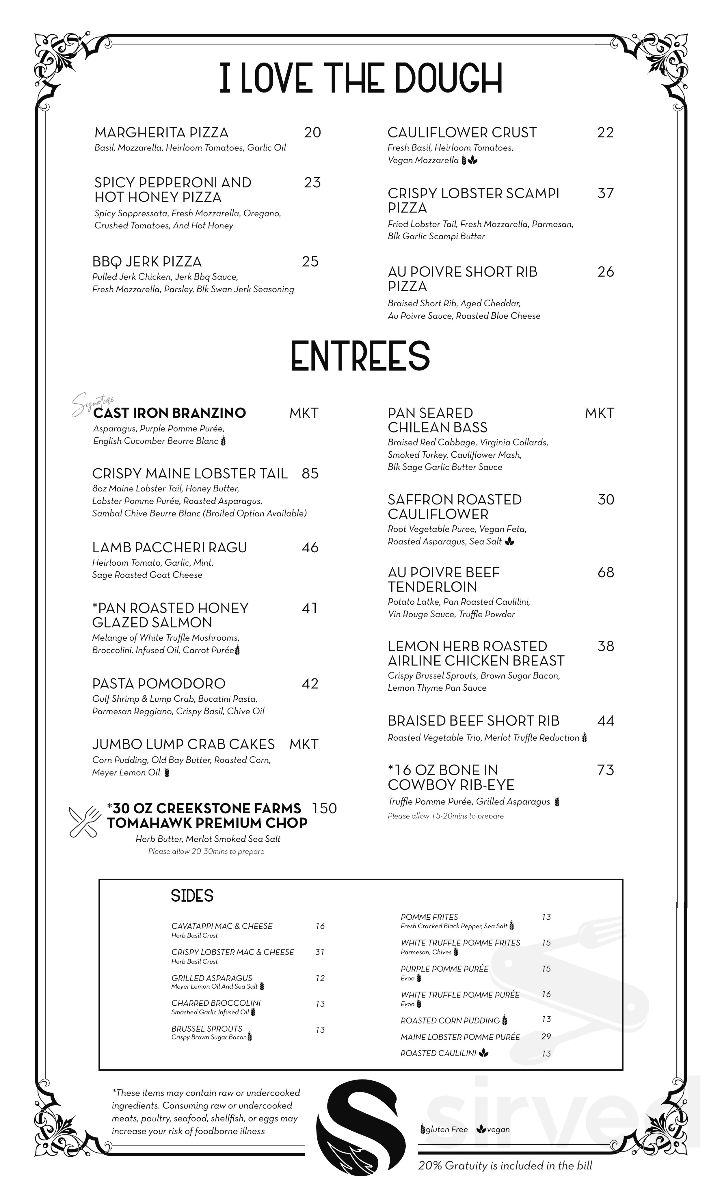 BLK Swan menu in Baltimore, Maryland, USA