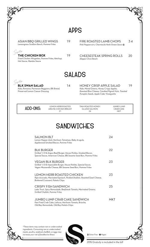 BLK Swan menu in Baltimore, Maryland, USA