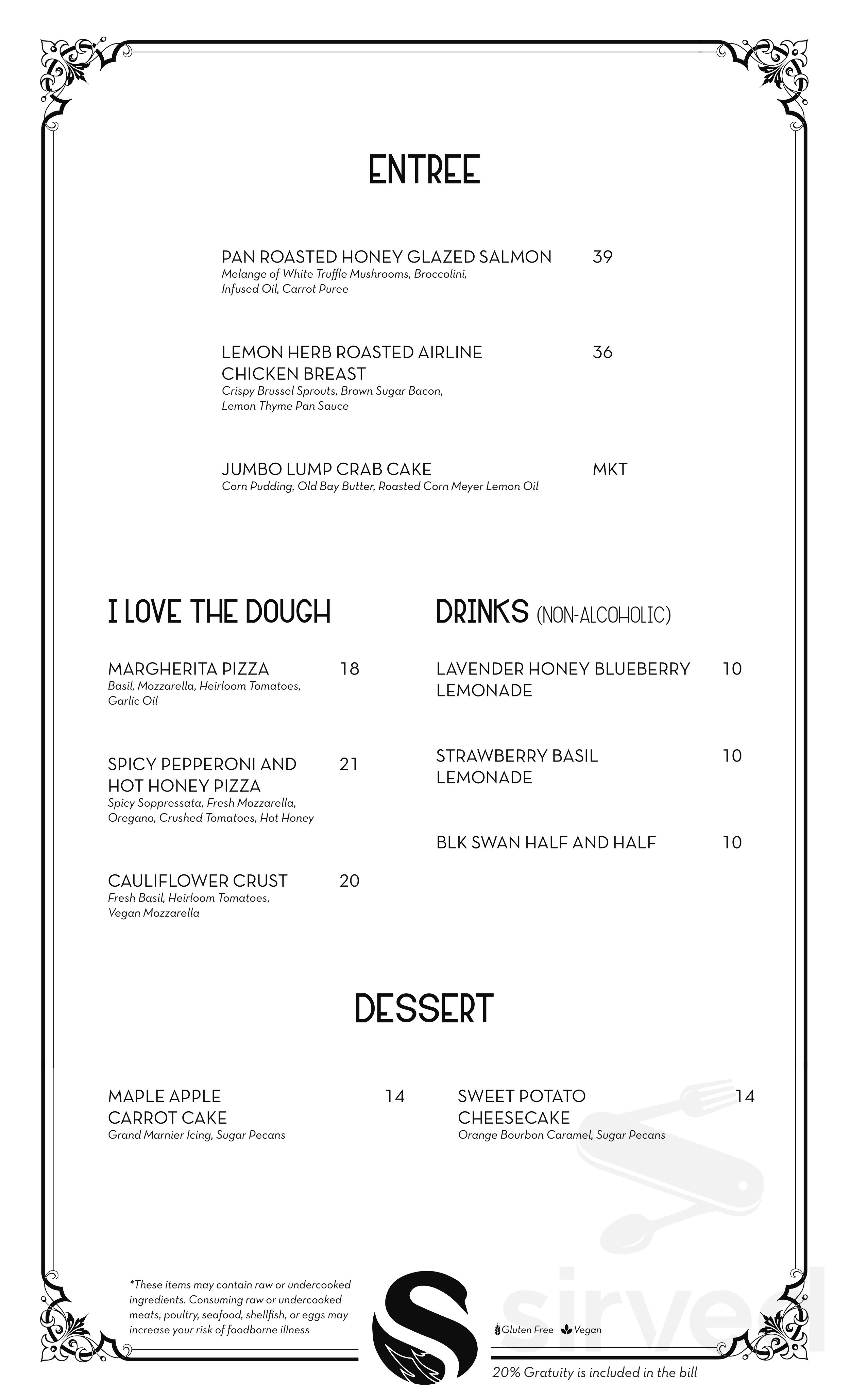 BLK Swan menu in Baltimore, Maryland, USA