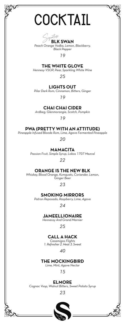 BLK Swan menu in Baltimore, Maryland, USA