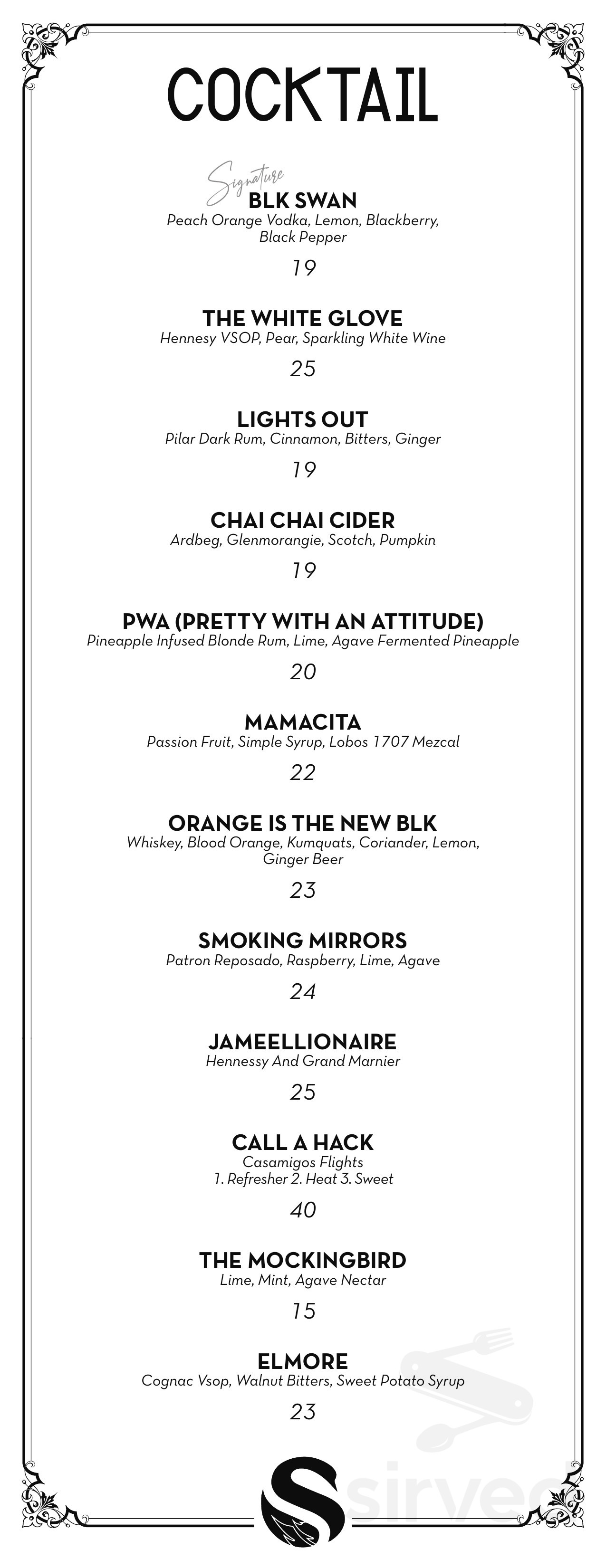 BLK Swan menu in Baltimore, Maryland, USA