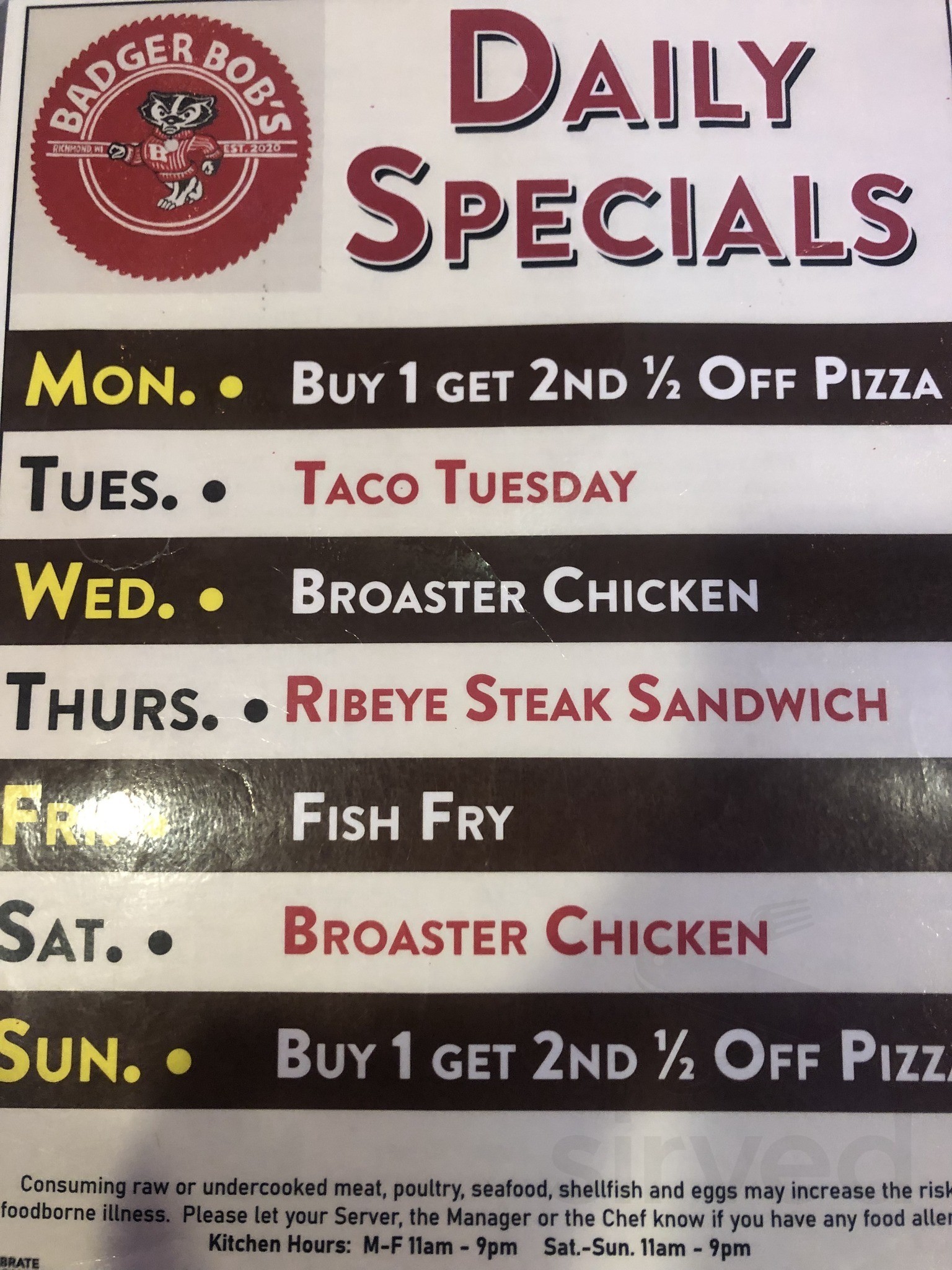 Badger Bob's Bar and Grill menus in Delavan, Wisconsin, United States