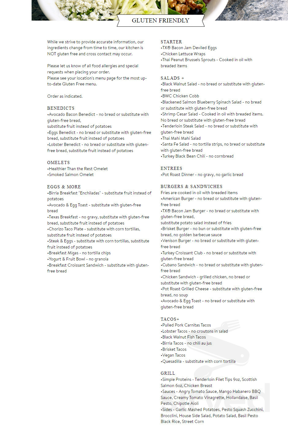 Menu for Black Walnut Cafe in The Woodlands, TX | Sirved