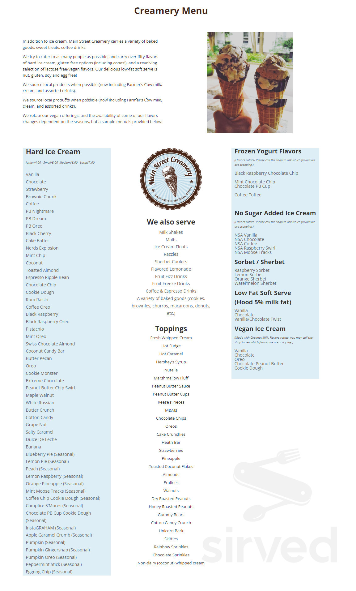 Main Street Creamery & Cafe menu in Wethersfield, Connecticut, USA