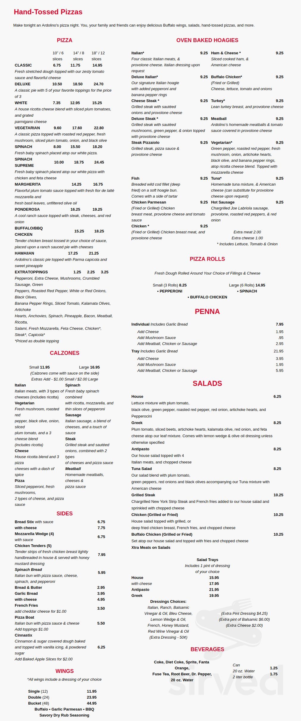 Menu - Pittsburgh PA's Ardolino's Pizza | Sirved