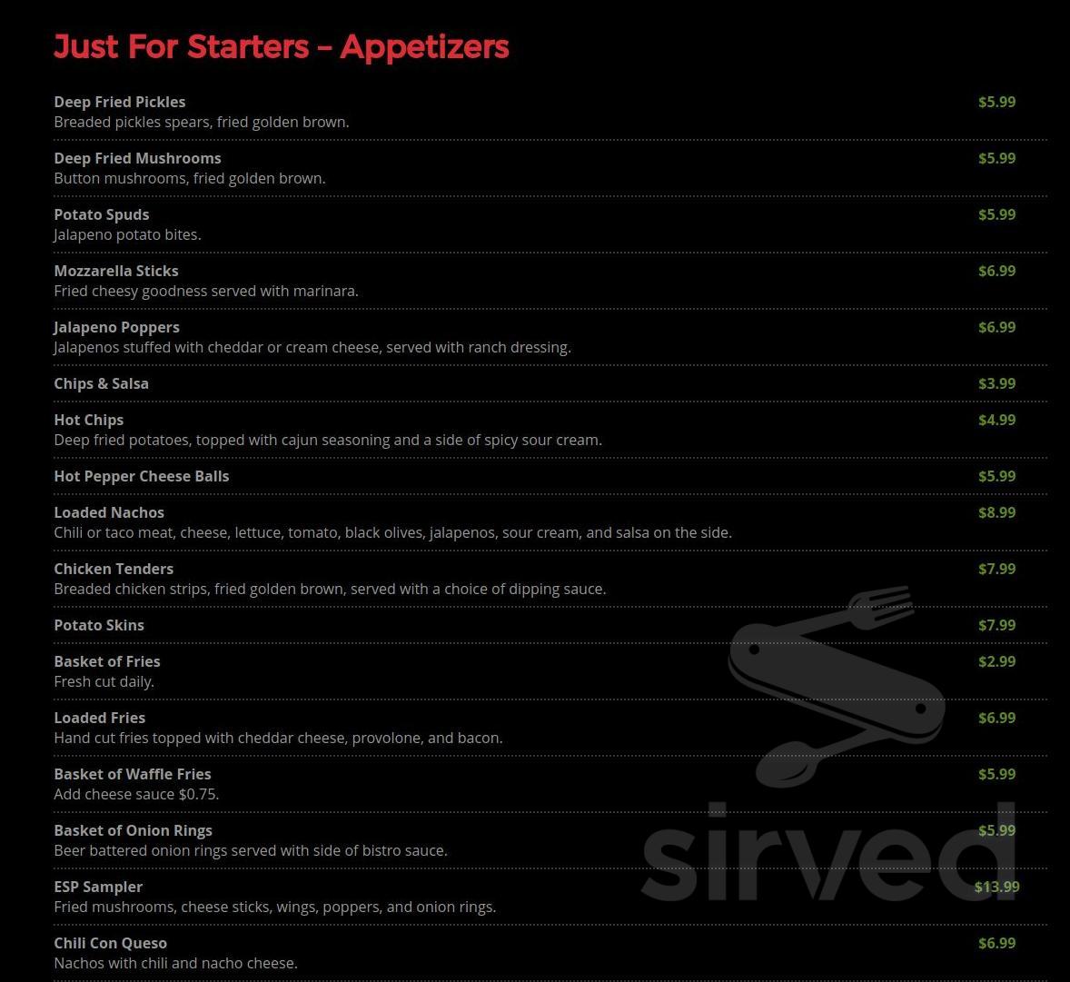 Menu for Erie Street Pub in Massillon, OH | Sirved
