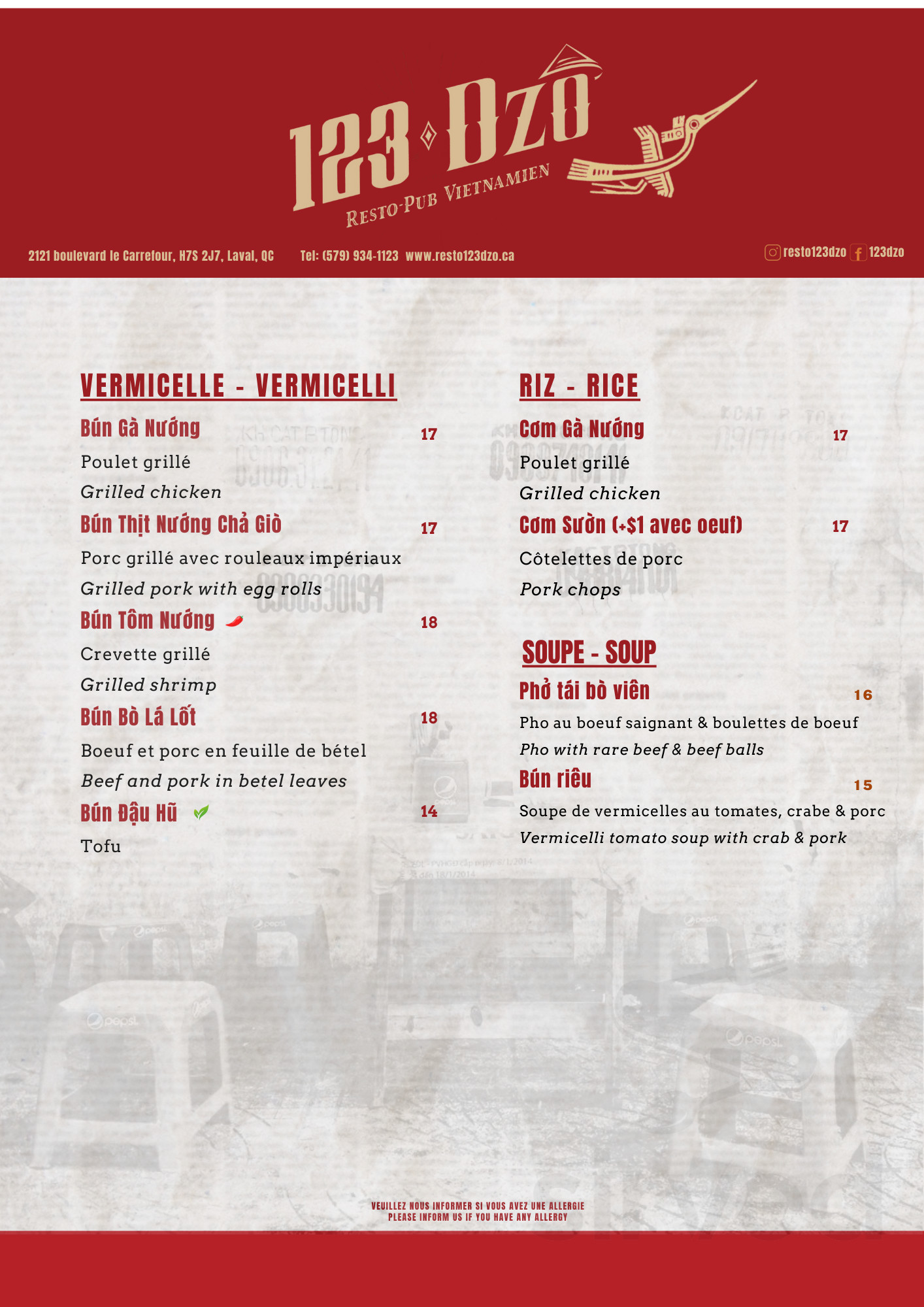 123 Dzo Vietnamese Restaurant & Bar menu in Laval, Quebec, Canada