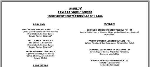 Menu for 18 below in Waterville, ME | Sirved