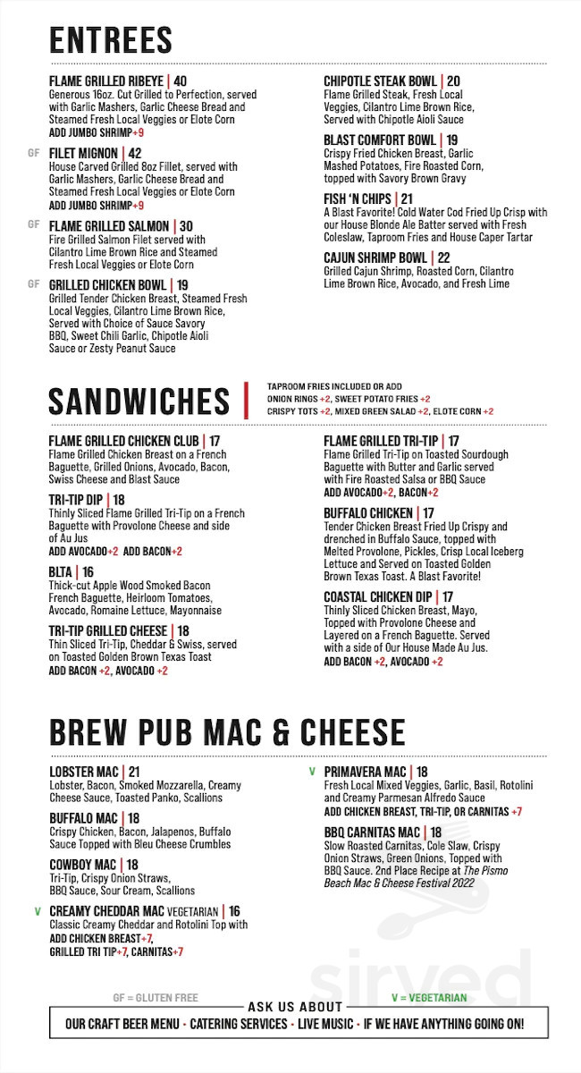 Blast & Brew American Eatery and Tap House menu in Pismo Beach ...
