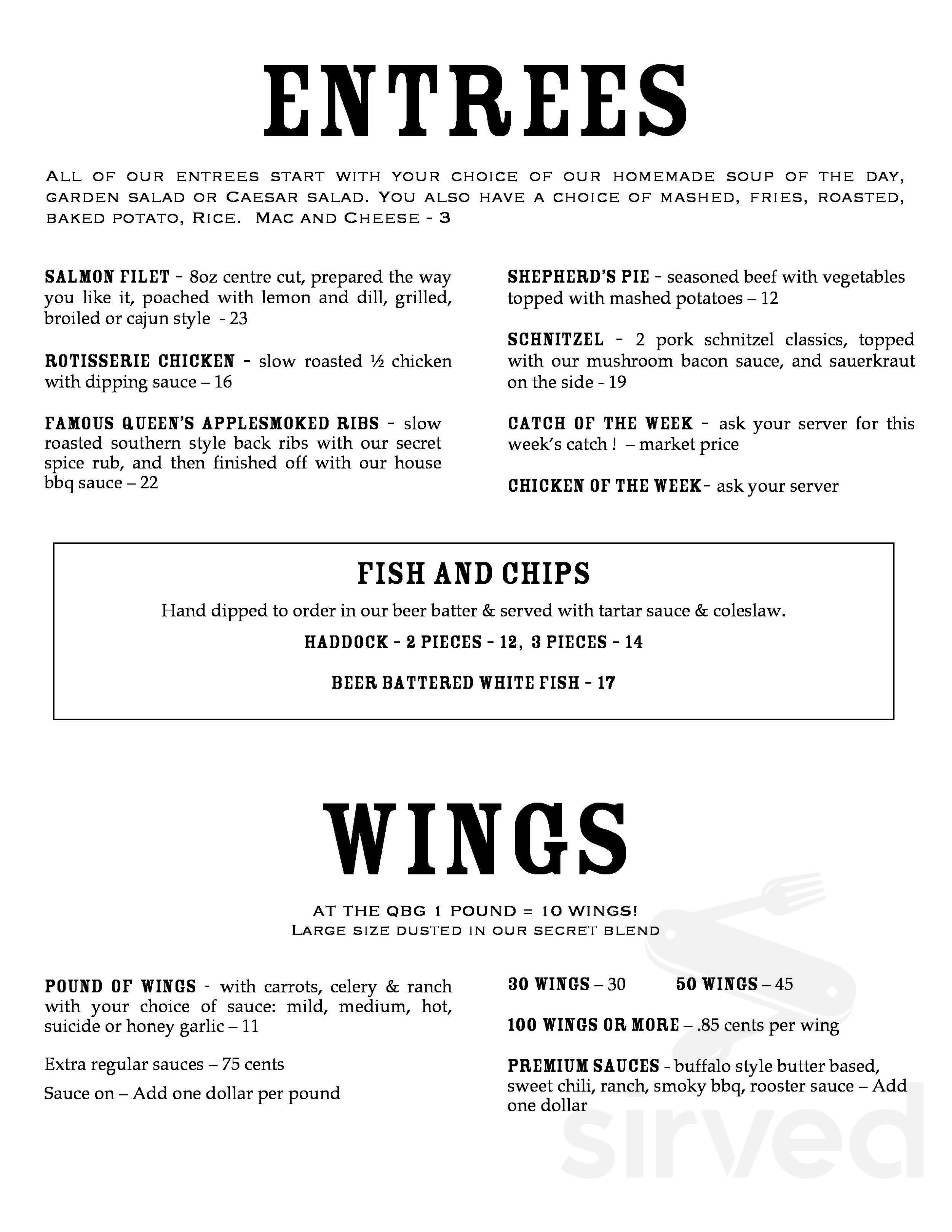Queens Bar and Grill menu in Port Elgin, Ontario, Canada