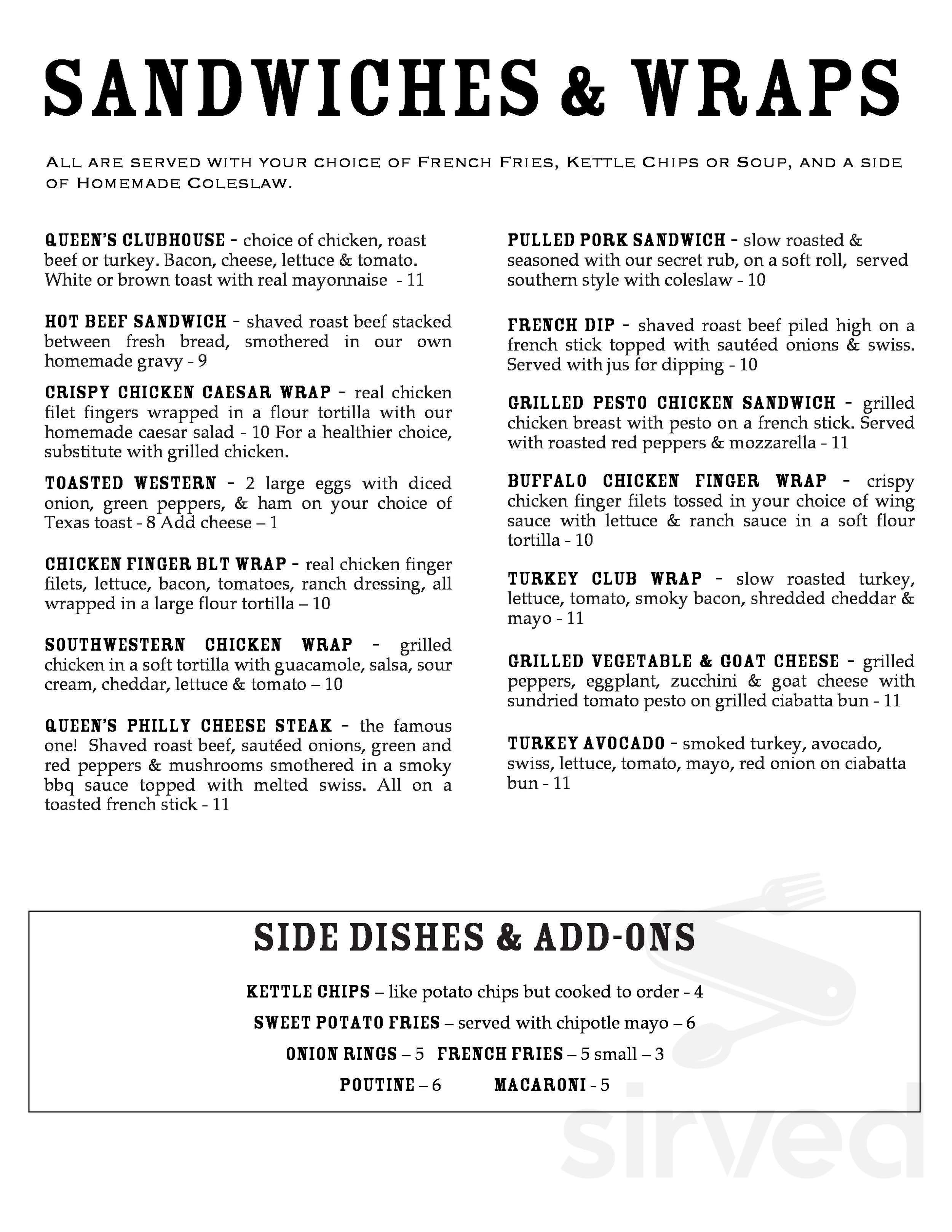 Queens Bar and Grill menu in Port Elgin, Ontario, Canada