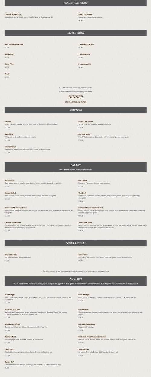 Toast Restaurant menu in Novato, California, USA