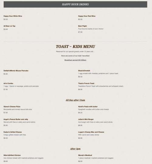 Toast Restaurant menu in Novato, California, USA