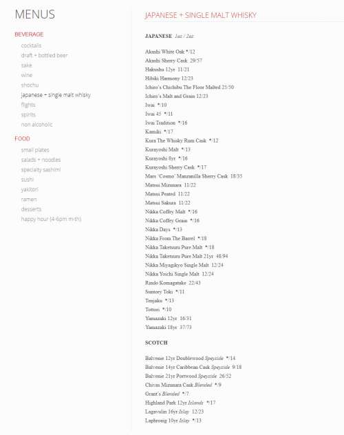 Two Ten Jack menu in Nashville, Tennessee, USA