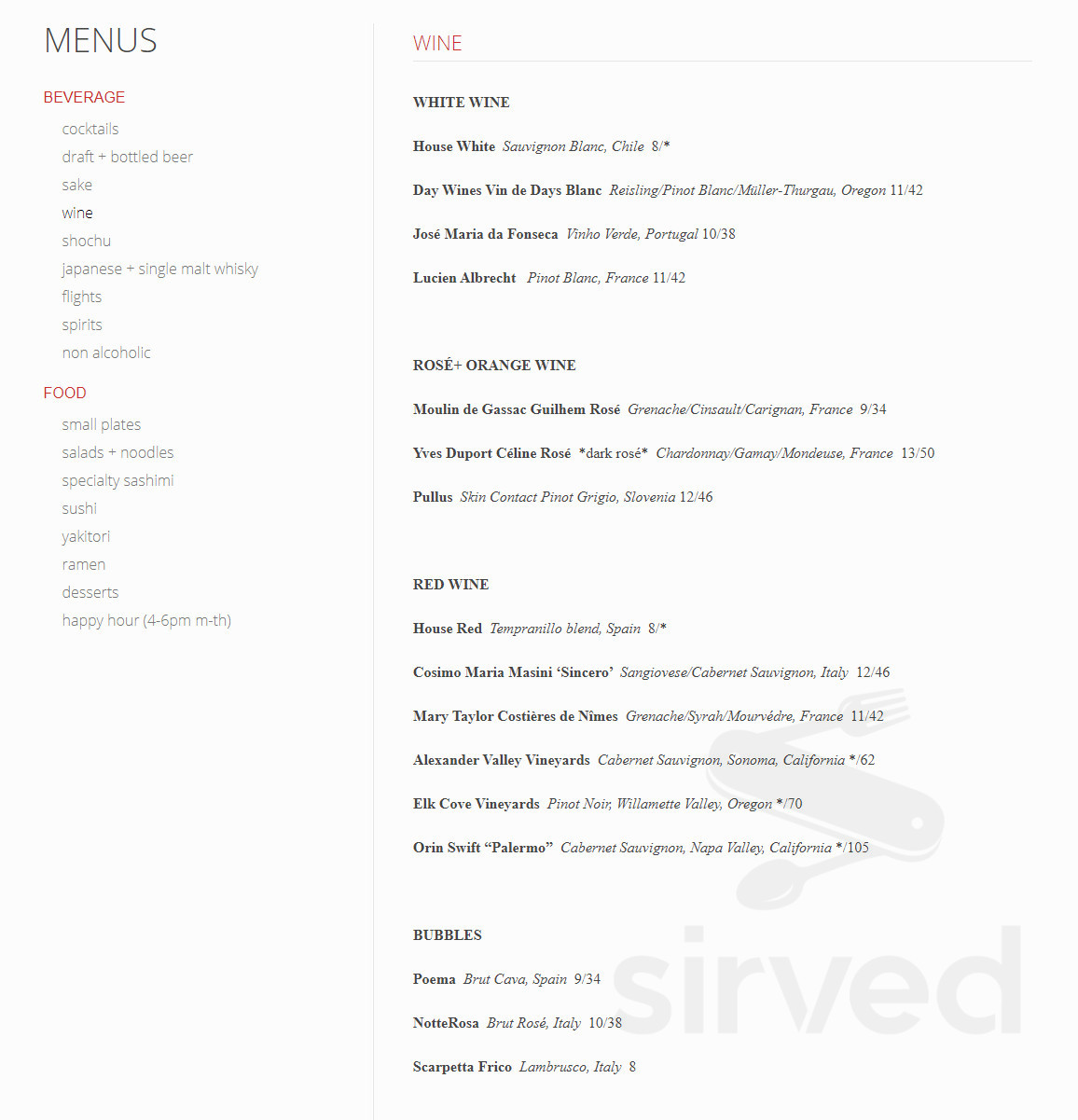 Two Ten Jack menu in Nashville, Tennessee, USA