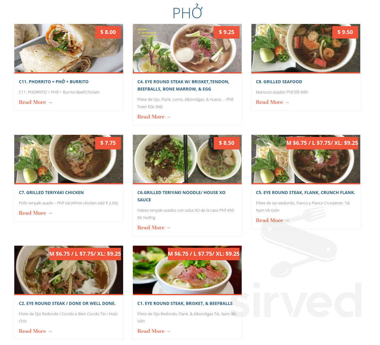 Pho Town menu in Houston, Texas, USA