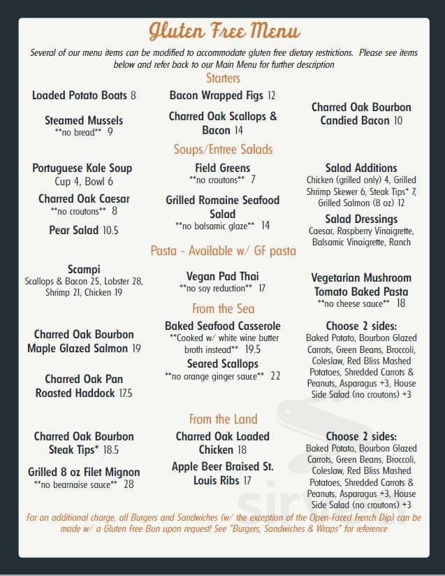 The Charred Oak Tavern menu in Middleborough, Massachusetts, USA