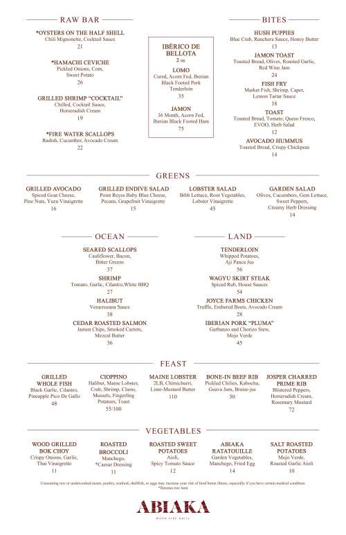 Abiaka Wood Fire Grill (in Seminole Hard Rock Hollywood) menu in Davie ...