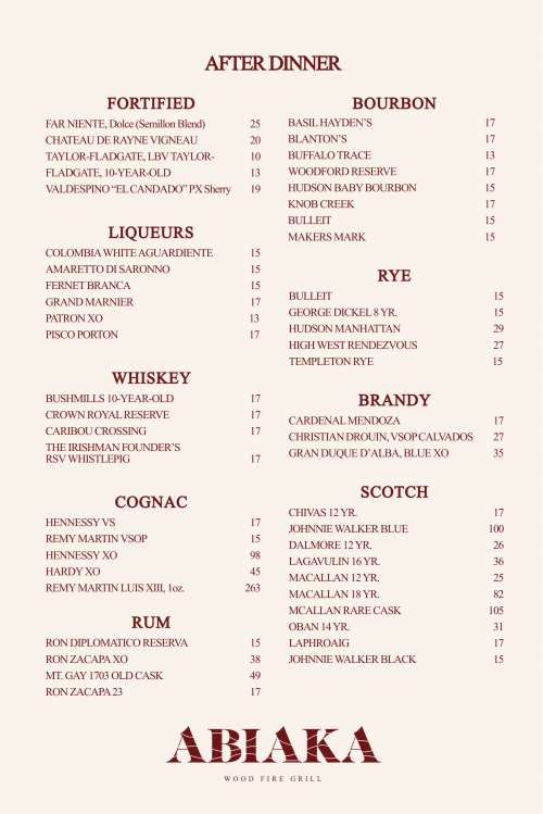 Abiaka Wood Fire Grill (in Seminole Hard Rock Hollywood) menu in Davie ...