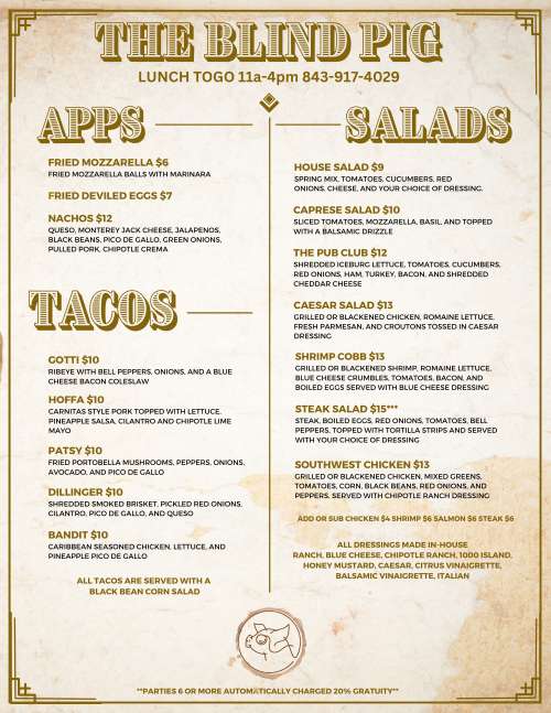 The Blind Pig Pub menu in Hartsville, South Carolina, USA