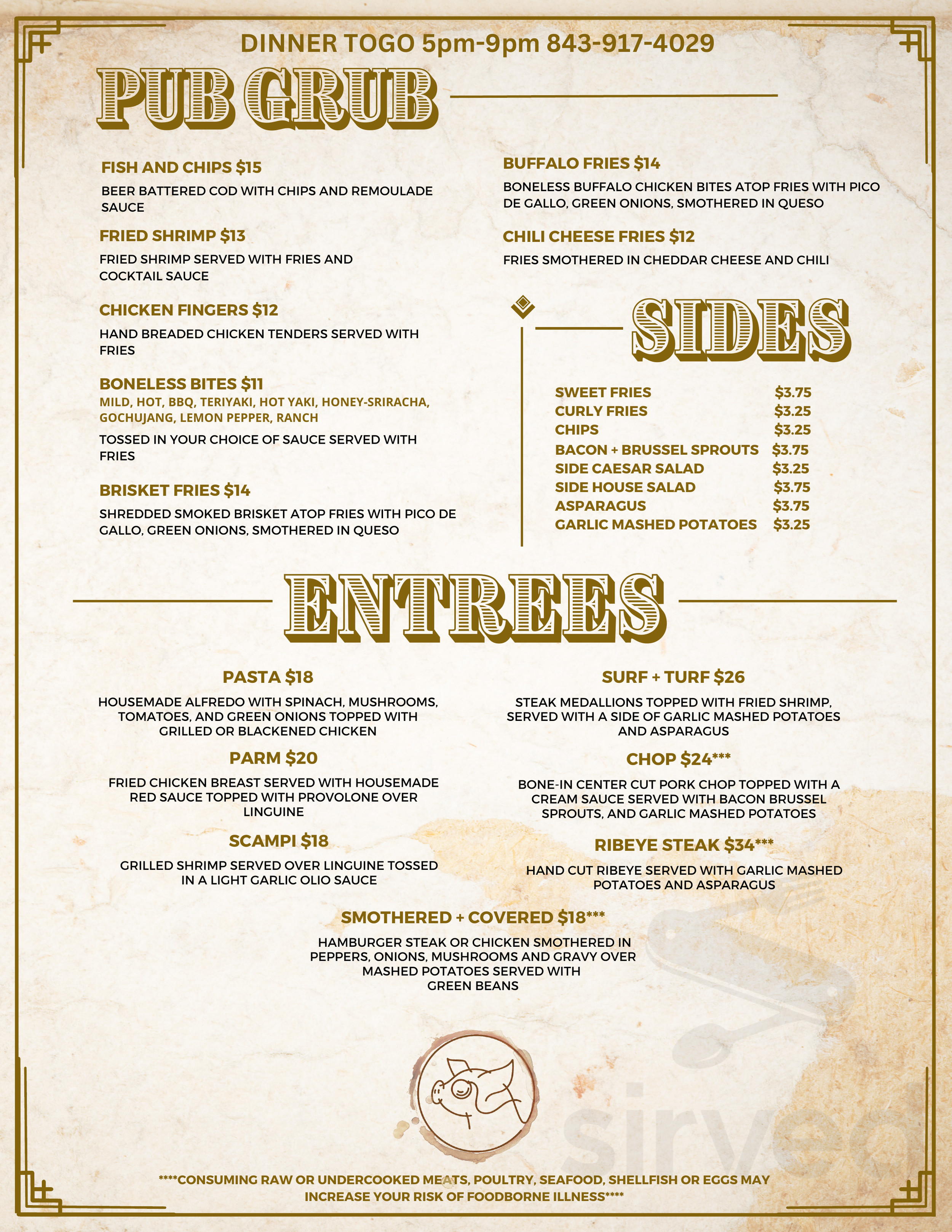 The Blind Pig Pub menu in Hartsville, South Carolina, USA
