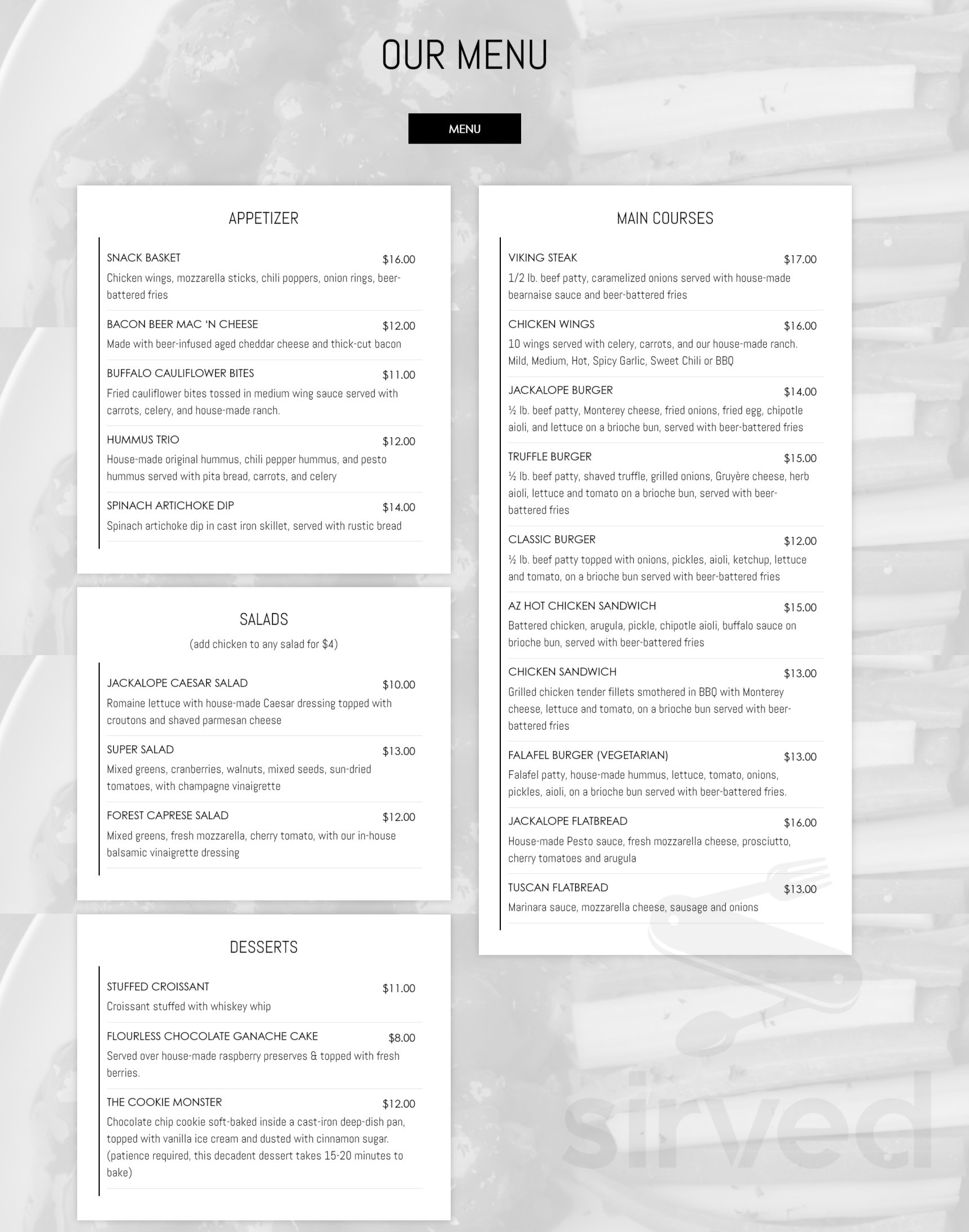 Jackalope Gastropub menu in Phoenix, Arizona, USA