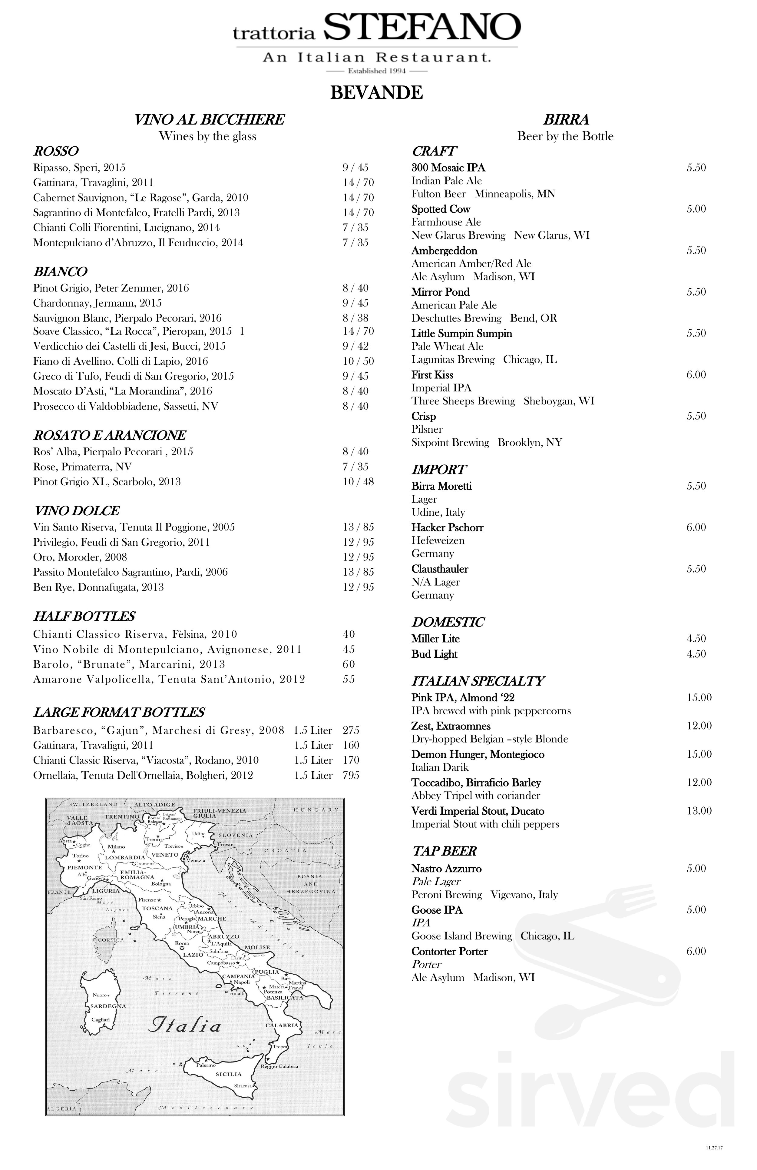 Trattoria Stefano menu in Sheboygan, Wisconsin, USA